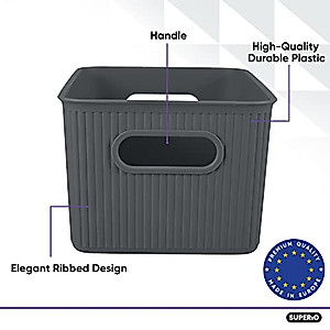 Superio Decorative Plastic Open Home Storage Bins Organizer Baskets, Medium Grey (2 Pack) Container Boxes for Organizing Closet Shelves Drawer Shelf - Ribbed Collection 5 Liter