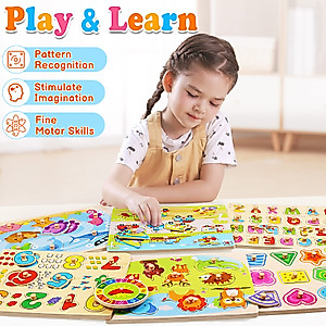 Puzzles for Kids Age 2-4 with Rack and Wooden Clock, 6 Pack Wooden Peg Puzzles for Toddlers with Storage Holder Rack, Educational Toys - Alphabet Number Animal Vehicle Shape