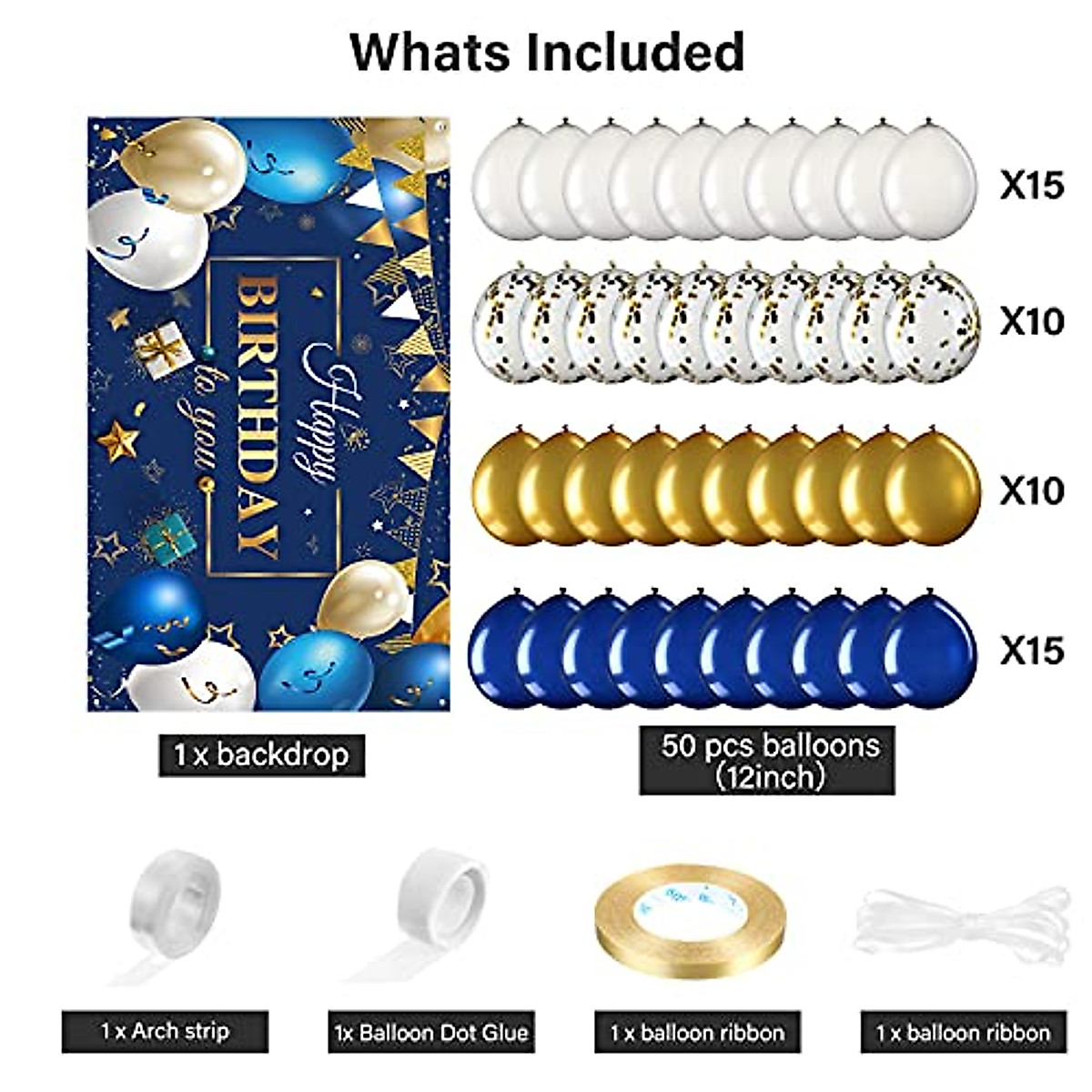 Navy Blue Birthday Confetti Balloons Kit Set 50 Pieces Blue Birthday Photography Backdrop Banner Package for Boys Girls Men Women Birthday Party Decorations Supplies (Navy Blue and Gold)