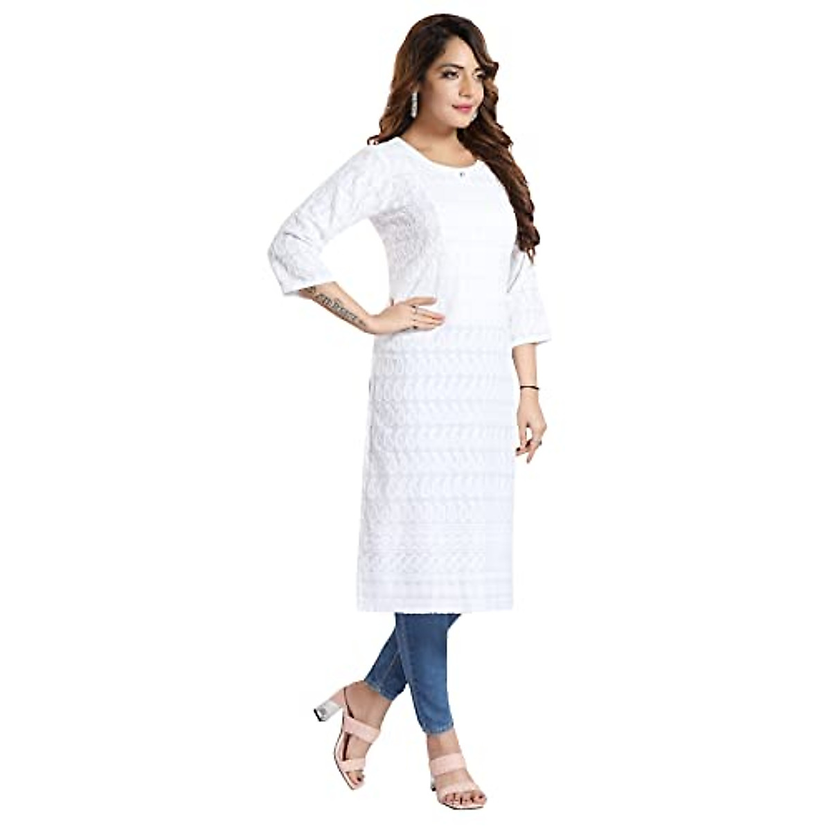 QUEEN SHIELD Women's Chikan-Kari Kurta (White)(2X-Large)(44#White#1010)