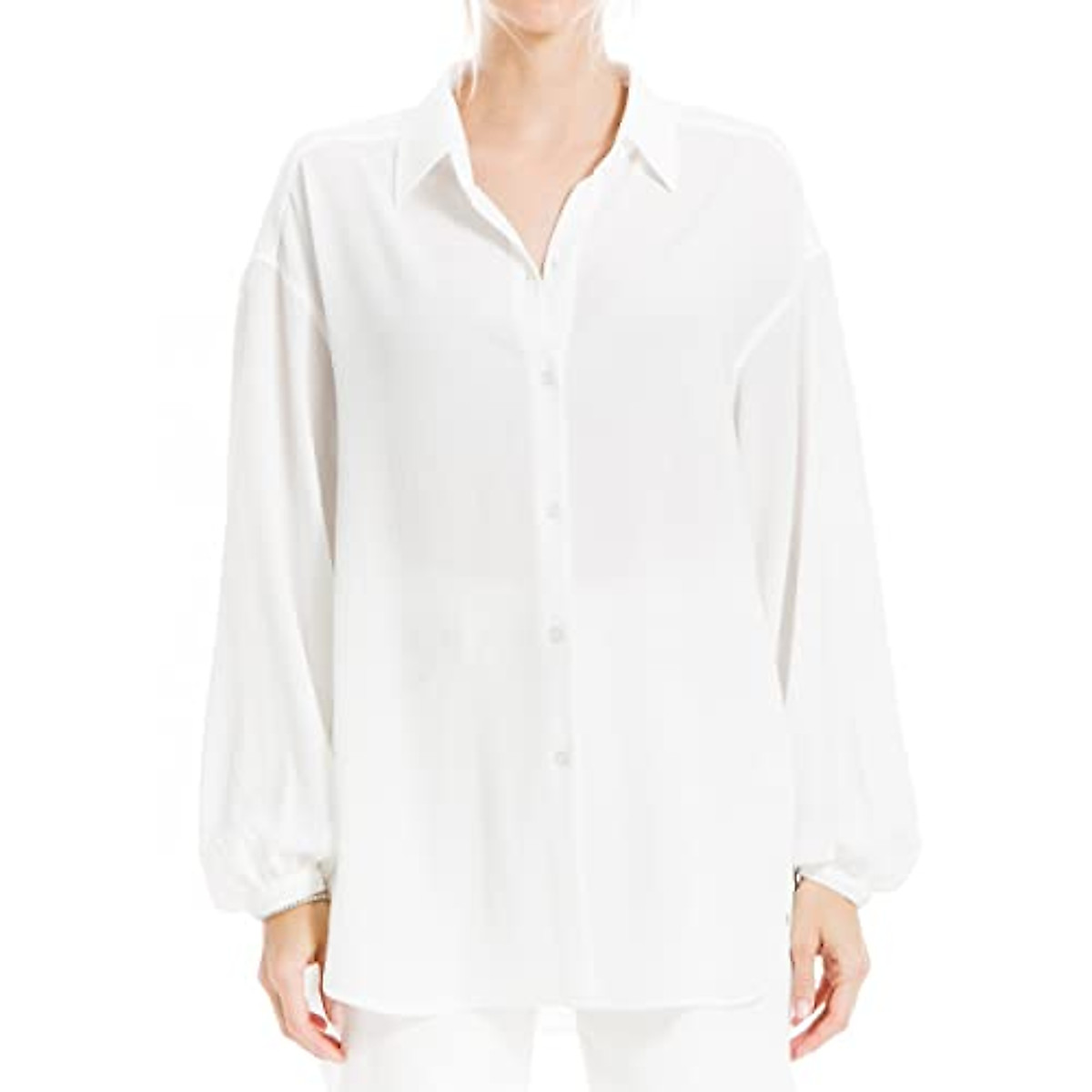 Max Studio Women's Pebble Crepe Button Front Blouse, White, Small