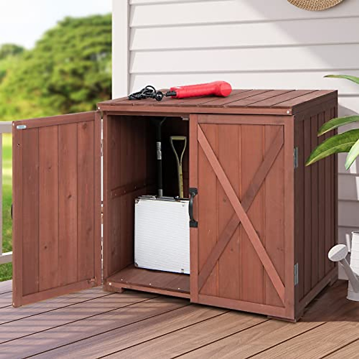 Goplus Outdoor Storage Cabinet, Wood Garden Tool Shed with Doors for Patio Backyard, 30" x 22" x 28.5"