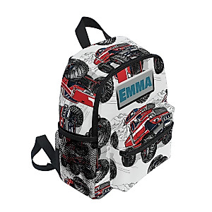 Aflyko Custom Name Kids Backpack Red Bravo Monster Truck Personalized Daycare Bookbag Kindergarten Daypack for Toddler Girls Boys 10" × 4" × 12"