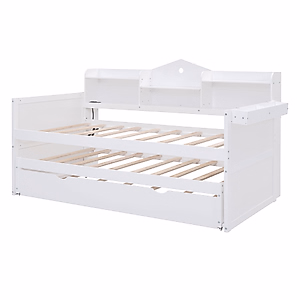 Merax Wooden Storage Shelf, Twin XL Daybed with 2 Trundle, White
