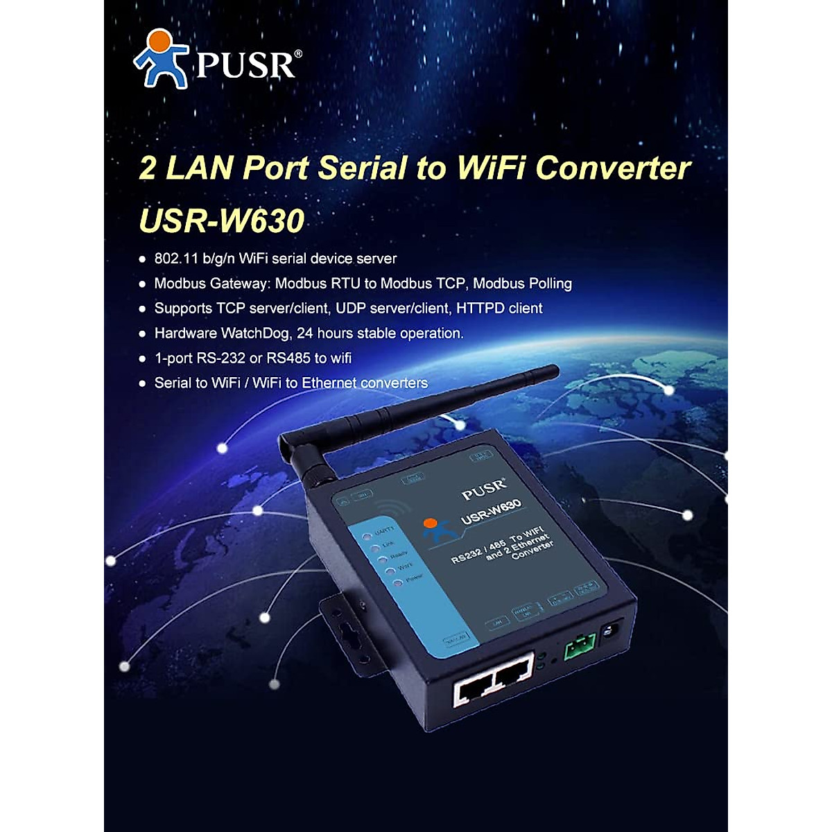 PUSR Industrial WiFi to 2 Ports Ethernet to Serial Converter Supports modbus RTU to TCP rs232 rs485 to WiFi ethernet Server USR-W630