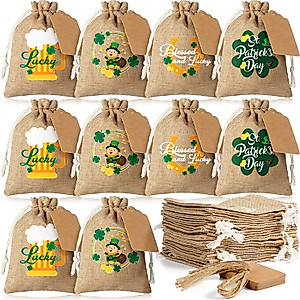 St Patricks Day Gift Bags St Patricks Day Treat Bags St. Patrick's Day Party Favor Bags Burlap Gift Bags with Drawstring Tags Ropes Different Designs Rustic Small Burlap Bags for Irish Party (20)