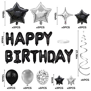 56 PCS Happy Birthday Balloons Happy Birthday Banner Silver and Black Balloons for Boys Men Girls Women 16th 18th 20th 21st 25th 30th 40th 50th 60th Birthday Party Decorations (Black)