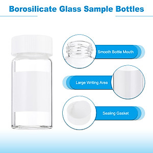 PATIKIL 10pcs 20ml Small Clear Glass Vials with White Screw Cap, Borosilicate Glass Sample Bottles with Writing Label for Solid Liquid Powder Storage