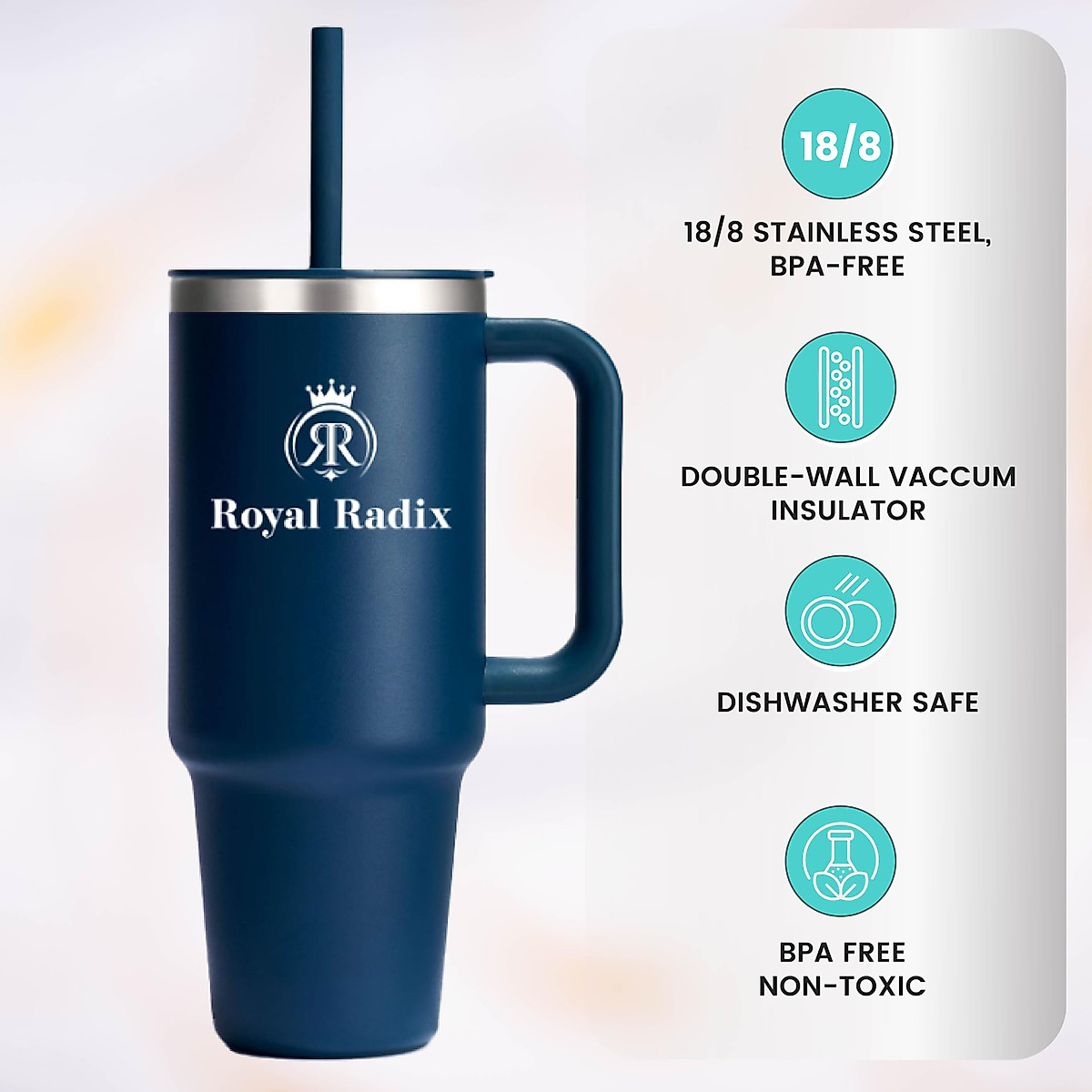 Royal Radix 40oz Insulated Tumbler with Handle & Straw, Stainless Steel Travel Mug, Leak-Proof, Hot & Cold Beverage Cup, BPA-Free, Dishwasher Safe, for Coffee & Water
