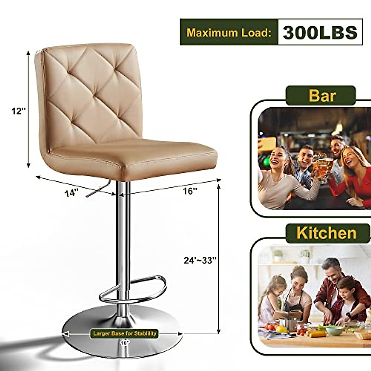 NicBex Adjustable Bar Stools Swivel Barstools, Modern PU Leather Dining Room Kitchen Island Counter Bar Stools Set of 2