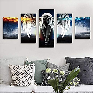 DIY 5D Diamond Art Kits for Adults,Fire Water Angel Magic Wings 5 Piece Multi Full Drill Diamond Embroidery Kit Home Office Wall Art Decor Paint by Numbers 17.7x37.4 inch
