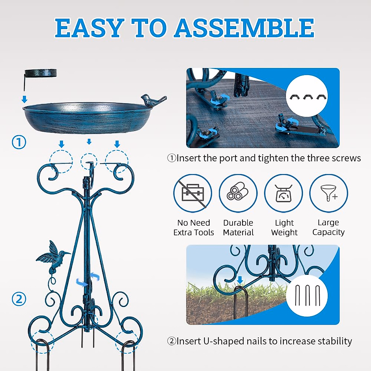 DREAMSOUL 12 inch Bird Bath with Stand, Blue Bird Baths for Outdoors, Metal Birdbath with Folding Bracket for Patio Lawn Garden Decor