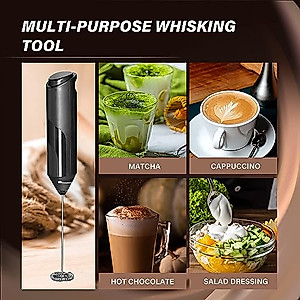 Simple Deluxe Milk Frother Handheld with Stainless Steel Stand Battery Operated Whisk Drink Mixer for Coffee, Frappe, Latte, Matcha, Black