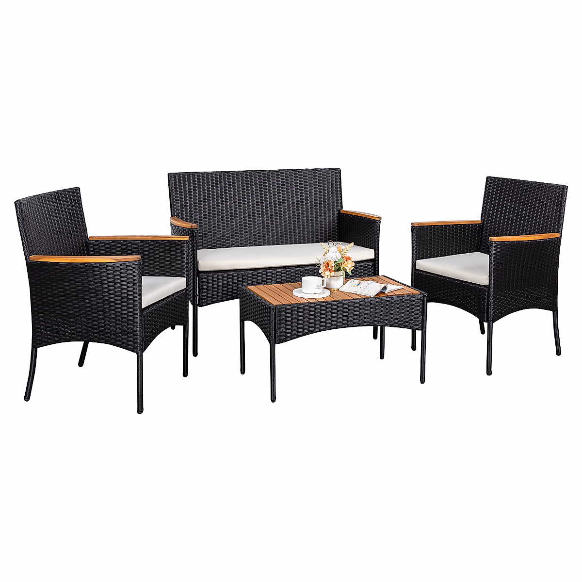 JAMFLY Patio Furniture Set 4 Piece Conversation Set Outdoor Wicker Rattan Chairs Backyard Pool Garden Porch Balcony Patio Loveseat with Cushions and Table, Black/Beige