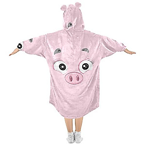 Kigai Happy Pig Wearable Blanket Hoodie,Double-Layer Flannel Soft Warm Sweatshirt Blanket for Men Women Kids