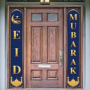 Eid Mubarak Decoration Porch Sign Ramadan Mubarak Banner Hanging Sign Islamic Eid Festival Celebration Welcome Wall Hanging Flag Muslim Ramadan Party Decor(Blue)