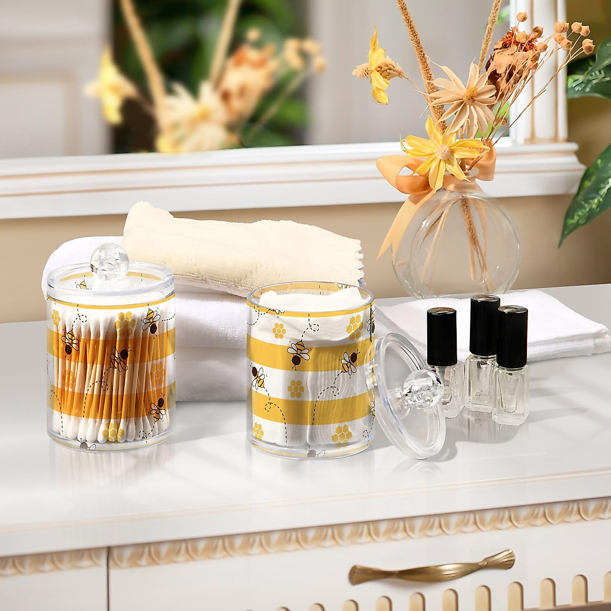 Bee Honey Stripe 2 Pack Qtip Holder Organizer Dispenser Plastic Bathroom Jars Storage Containers with Lids Clear Bathroom Organizer Dispenser for Hair Accessories