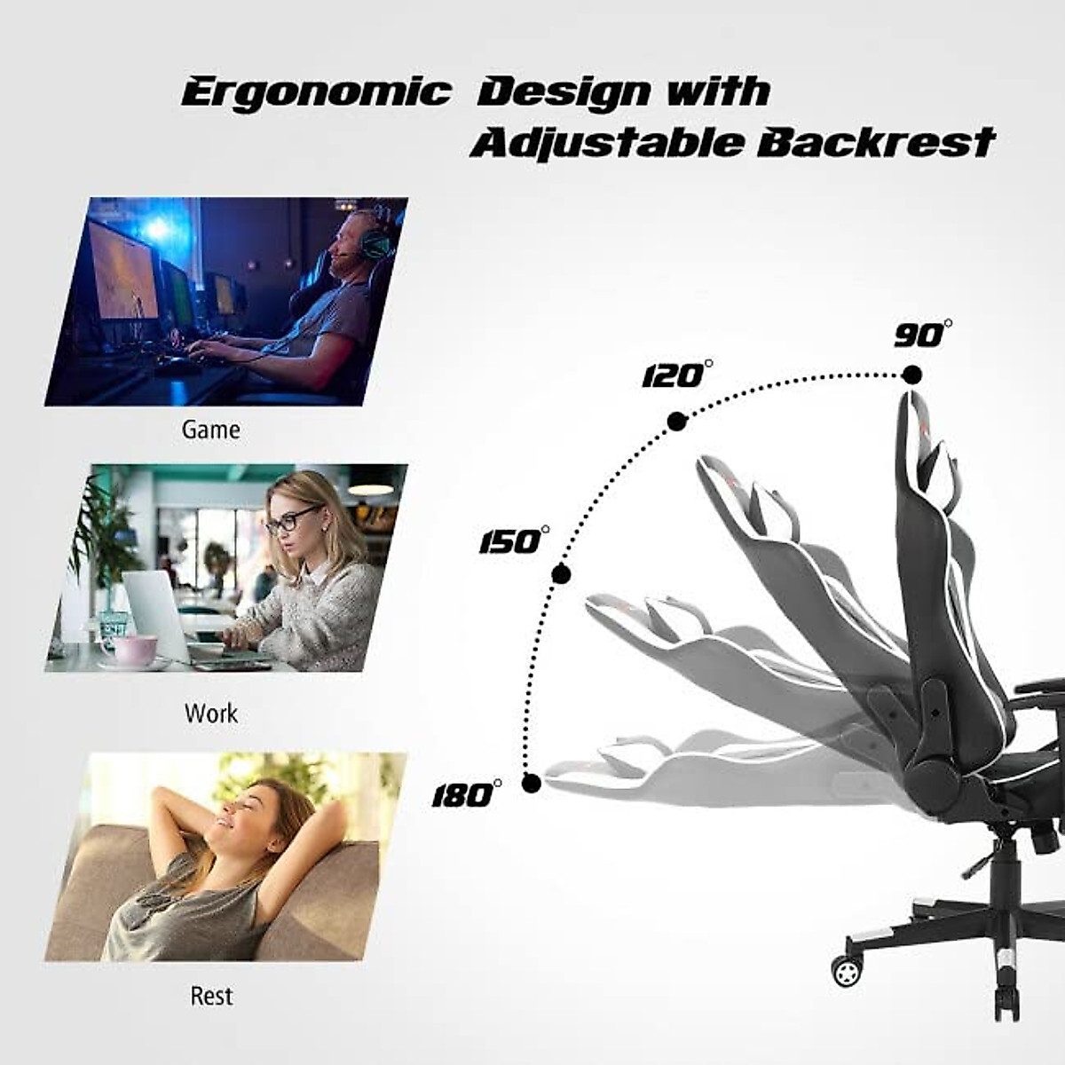 Ergonomic Gamer Desk Chair, High Back PC Computer Home Office Chair with Massage & 90°-180° Adjustable Tilt Back Height Adjustable Swivel PU Leather Executive Racing Computer Desk (Black+ White)
