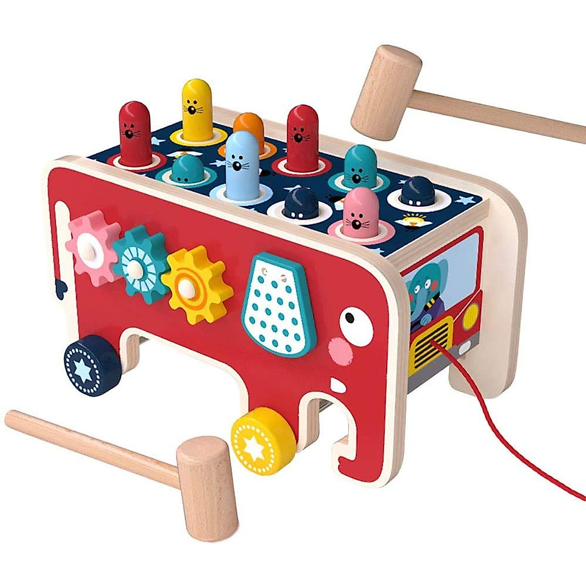 NUKied Wooden Hammering and Pounding Toys, Wooden Toys for 1 Year Old with 2 Mallets Pull Along Elephant Gopher Toy, Montessori Toys for 1 2 3 Year Old Toddler Boys Girls Birthday