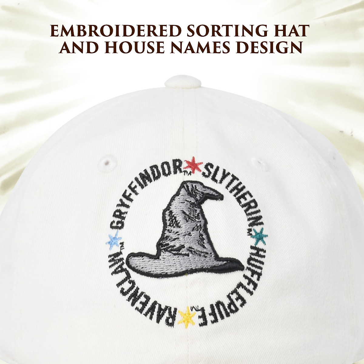 Concept One Harry Potter Dad Hat, Adjustable Hogwarts Baseball Cap, Silver/White