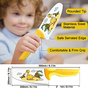 Kids Knife Set for Real Cooking, Friendly Safety Knife for Kids, Stainless Steel Child Chef Knife with Finger Protector, Round Tip Kids Knife for Cutting, Serrated Edges (Yellow)