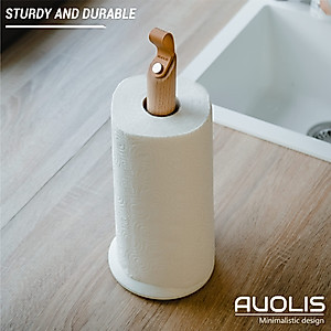 Paper Towel Holder Countertop - Auolis Wooden Paper Towel Rack - Stand Kitchen Accessories Paper Towels Rolls Dispenser with Leather Handle & Cement Base ,for Bathroom and Farmhouse(White)