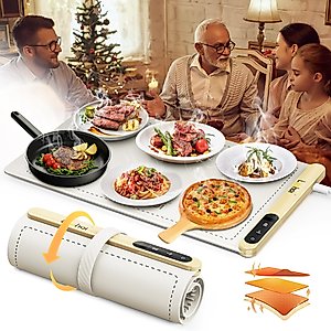 LOOHOI Food Warming Mat,Full Surface Heating Electric Warming Tray with 6 Temperature Settings & Fast Heating, Silicone Roll Up Food Heating Mat Food Warmers for Parties Gatherings Everyday Use