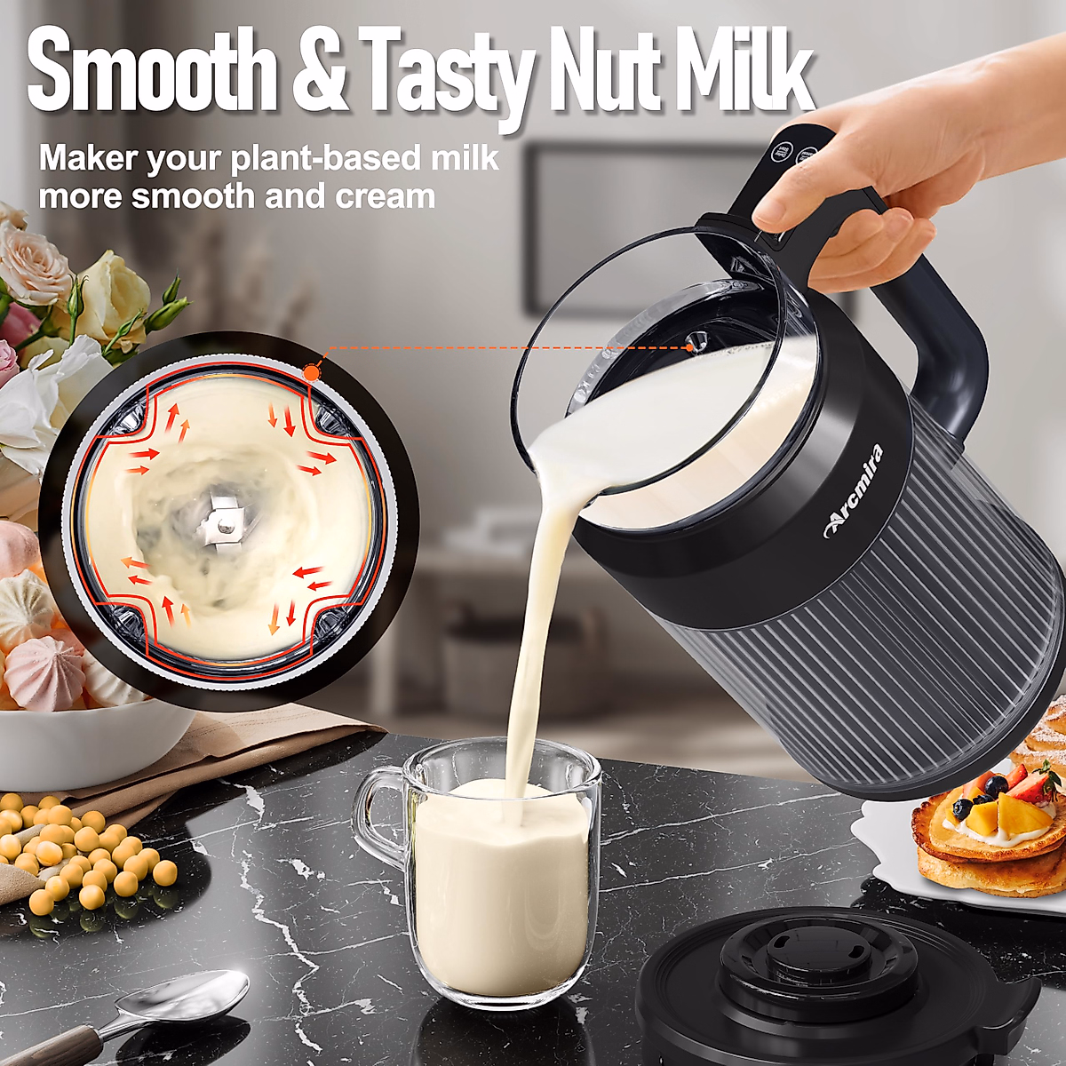 Arcmira Automatic Nut Milk Maker, 27oz(800ml) Homemade Almond, Oat, Coconut, Soy, Plant Based Milks and Non Dairy Beverages, Soy Milk Maker Machine with Delay Start/Keep Warm/Self-Cleaning/Boil Water