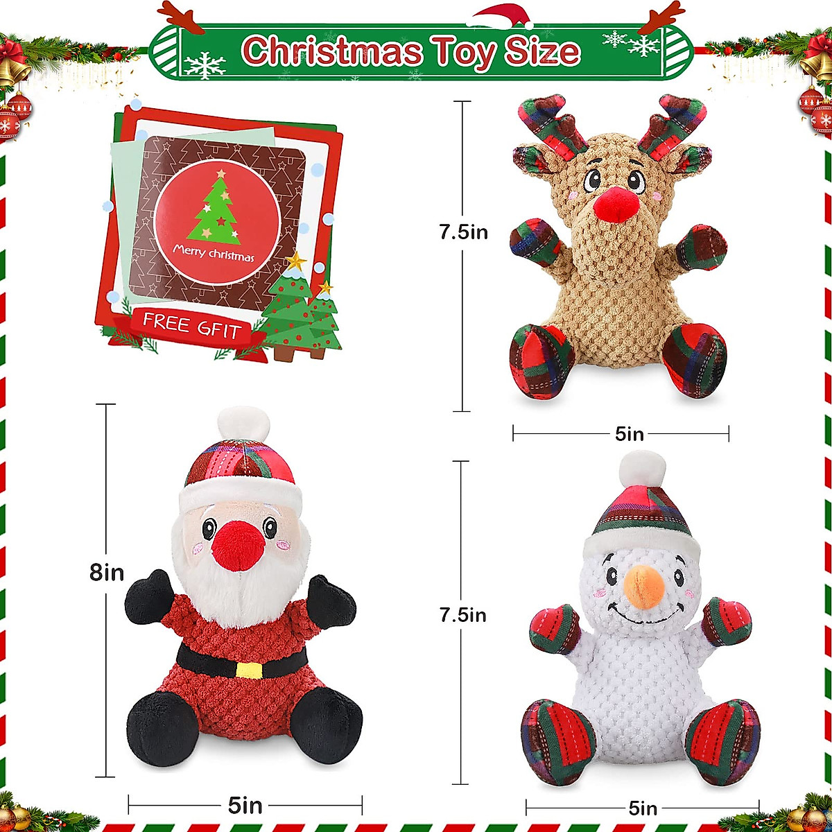 UPSKY Dog Christmas Toys with Squeaker, 3 Pack Squeaky Dog Toys with Crinkle Paper, Cute Soft Pet Toys for Teeth, Interactive Plush Dog Chew Toys for Small Medium Large Dogs