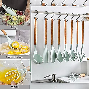 Kitchen Utensils Set, QMVESS 35 Pcs Non-Stick Silicone Cooking Utensils Set with Holder, Sturdy Wooden Handle, Heat Resistance Silicone Spatula Spoon Kitchen Gadgets Utensils Set (Light Green)