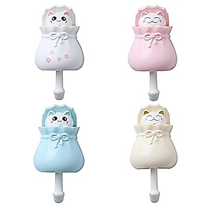 4 Pcs Coat Hooks Lucky Bag Cat Shape Strong Viscose Punch Free Hooks, Cute Wall Coat Hook for Hanging Hats, Coats, Keys and Towels, Wardrobe Decoration Creative Hooks (Blue+Pink+White+Yellow)