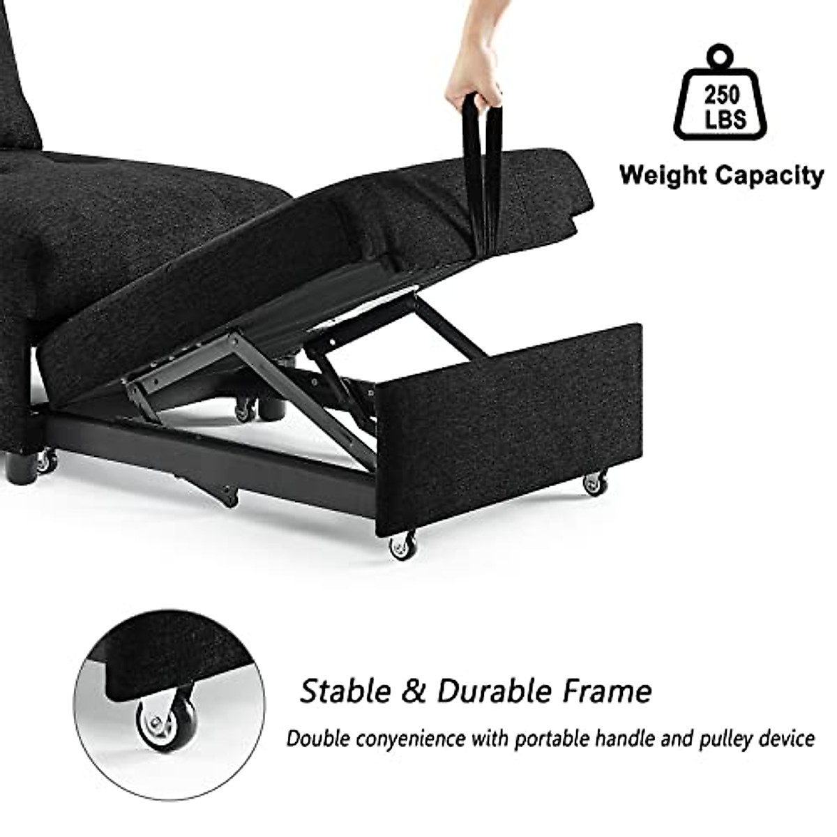 Antetek Sleeper Chair Bed, Convertible Chair 4 in 1 Multi-Function Folding Ottoman Sofa Bed Pull Out Sleeper Chair Beds, Adjustable Backrest, Single Bed Chair for Small Space, Black(44” x 26” x 33”H)