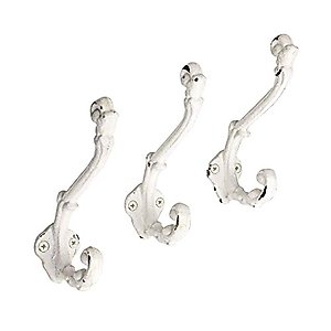 The Metal Magician Wall Mounted Antique Cast Iron Vintage Style Wall Hooks for Coats, Bags, Towels, Hats - (Set of 3) Distressed White