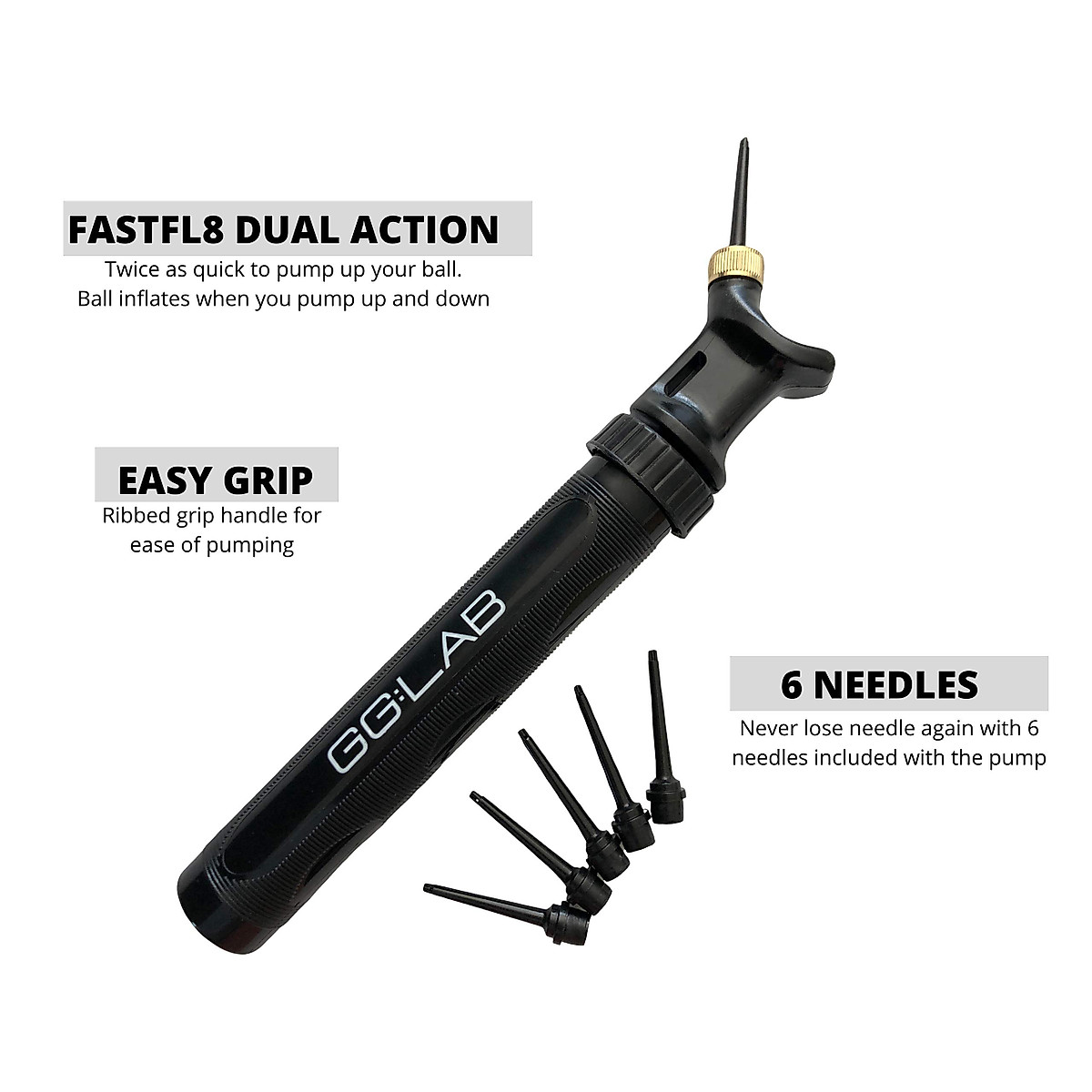 gloveglu GG:LAB Sports Ball Pump with 6 Metal Needles: Pumps Twice as Fast. Pump for Football, Rugby Ball, Basketball, Volleyball, Netball, Handball and Other Inflatable Sports Balls