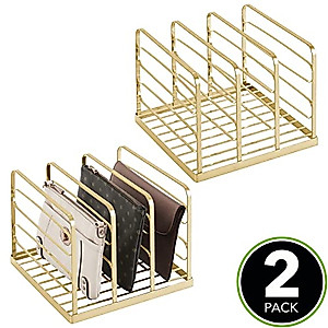 mDesign Metal Divided Stackable Purse Organizer for Closets, Bedrooms, Dressers, Shelves, Storage Solution for Purses, Clutches, Wallets, Accessories - 3 Sections - 2 Pack - Soft Brass