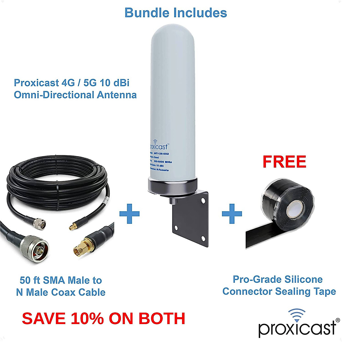 Proxicast 10 dBi 4G/5G/WiFI Omni Antenna + 50 ft Pro-Grade Coax Cable + Free Tape Bundle (ANT-126-002-BDL-50)