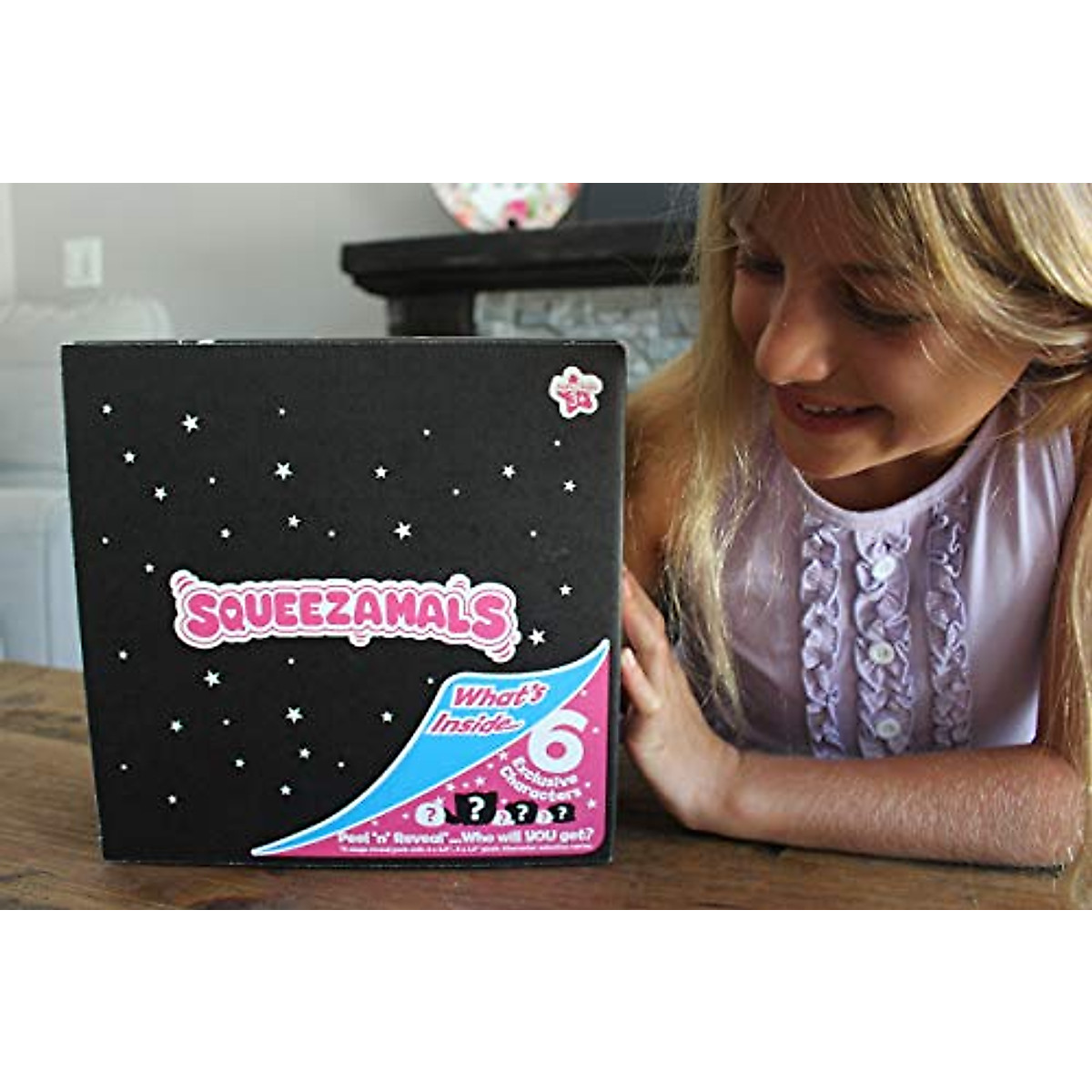 Squeezamals Mystery Black Box Collector Pack- 6 Exclusive Characters- The Mystery is 100% of The Fun! Perfect for Your Little One to Surprise with These Mini plushies! Peel and Reveal