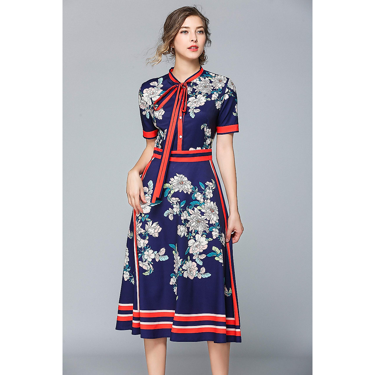 LAI MENG FIVE CATS Women's Floral Print Button up Midi Dress Casual A-line Shirt Dresses
