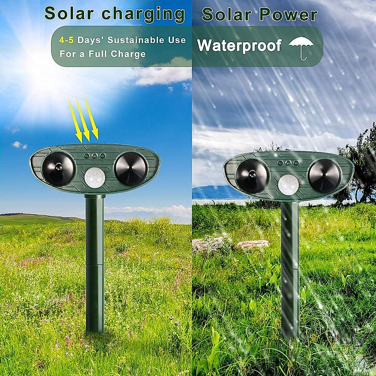 2023 Solar Ultrasonic in Repellent Defender Rat, Squirrel, Deer, Raccoon, Skunk, Rabbit, Mole, Dog, Cat, Waterproof with Motion Detector Green1