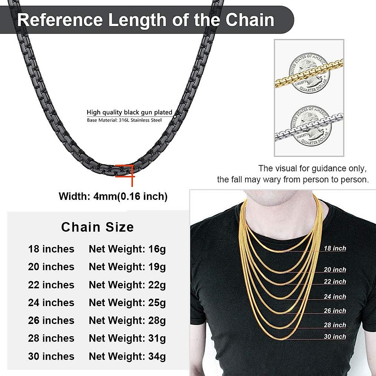 Black Flat Chain Male Necklace 18 Inch 4mm Hip Hop Jewelry Gift for Men