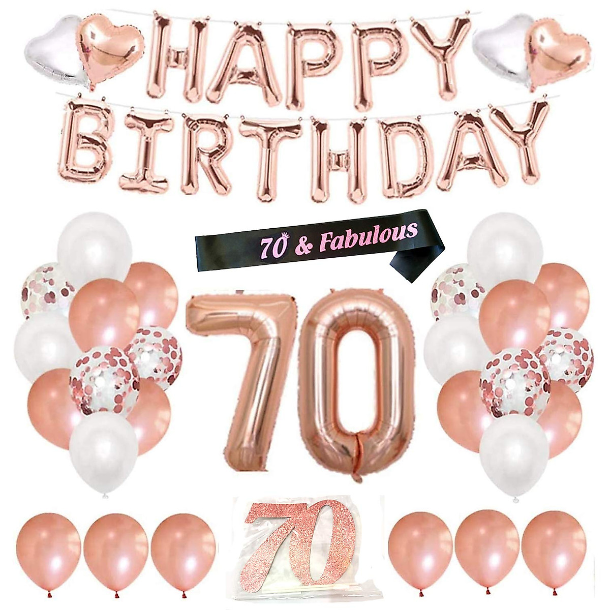 Finypa 70th Birthday Decorations for Women - 70th Happy Birthday Decoration Gold Rose with Sash, Number 70 Foil Balloon, Happy Birthday Banner, Happy 70th Birthday Cake Topper