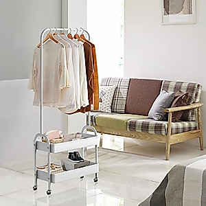 HIDODO White Clothing Rack, Portable Garment Rack Rolling Clothes Organizer with 2 Tier Metal Baskets, Laundry Cart with Hanging Rack, Small Wardrobe Rack on Wheels for Bedroom, Laundry and Entryway