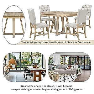 5 PCS Extendable Upholstered Dining Sets Include Round Table and 4 Chairs for Dining Room and Living Room ,More Functional Design with 16"W Butterfly Leaf Convertible to Oval Tabletop, Natural+Grey