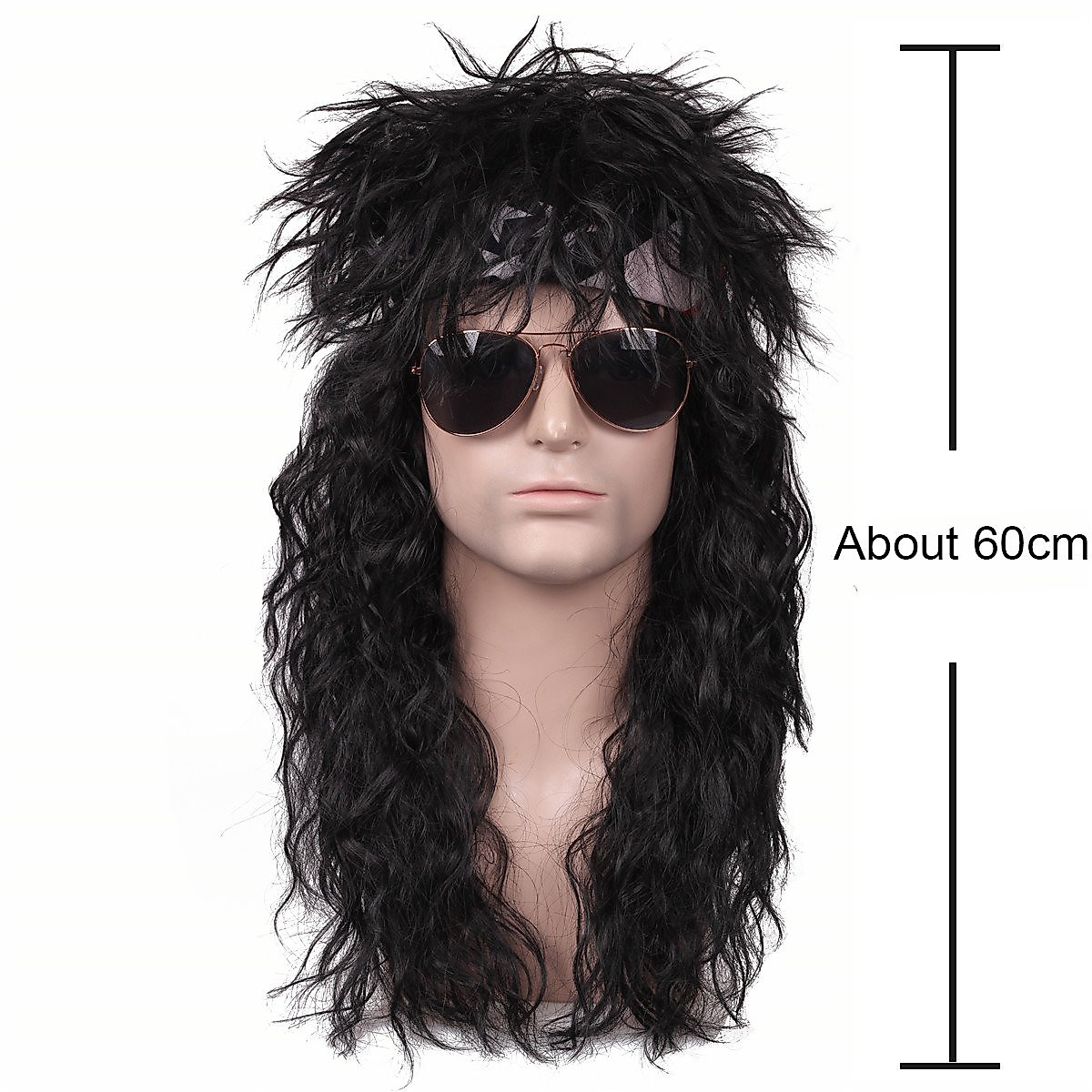 80s Wig with Bandana for Men Long Curly Black Rocker cosplay wig for Halloween