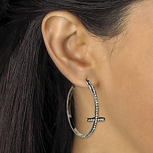 PalmBeach Black Ruthenium Plated Round Crystal Cross Hoop Earrings (40mm)