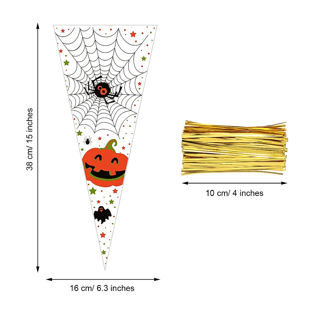 100 Pcs Halloween Cone Treat Bags 6 x 15 Inches Cellophane Clear Sweet Candy Bags Triangle Cones Popcorn Bags Plastic Pumpkin Spider Bags with Twist Ties for Halloween Easter Birthday Party Supplies