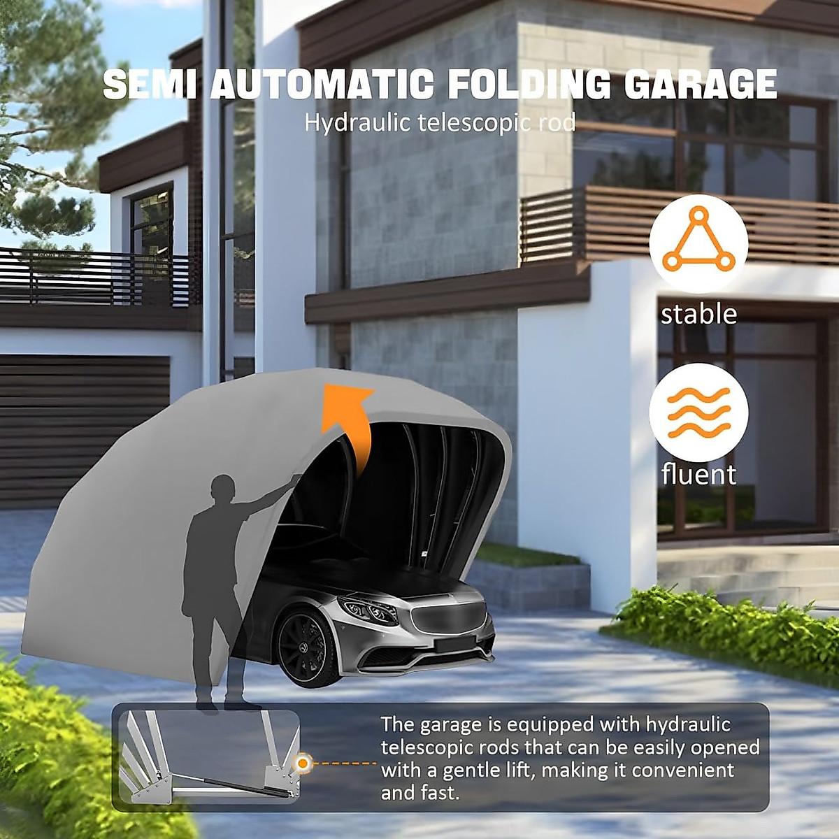Generic Stainless Steel Grey Carport, Foldable Retractable Car Awning, Semi-Automatic Durable Shelter, Mobile Folding Garage, Gray