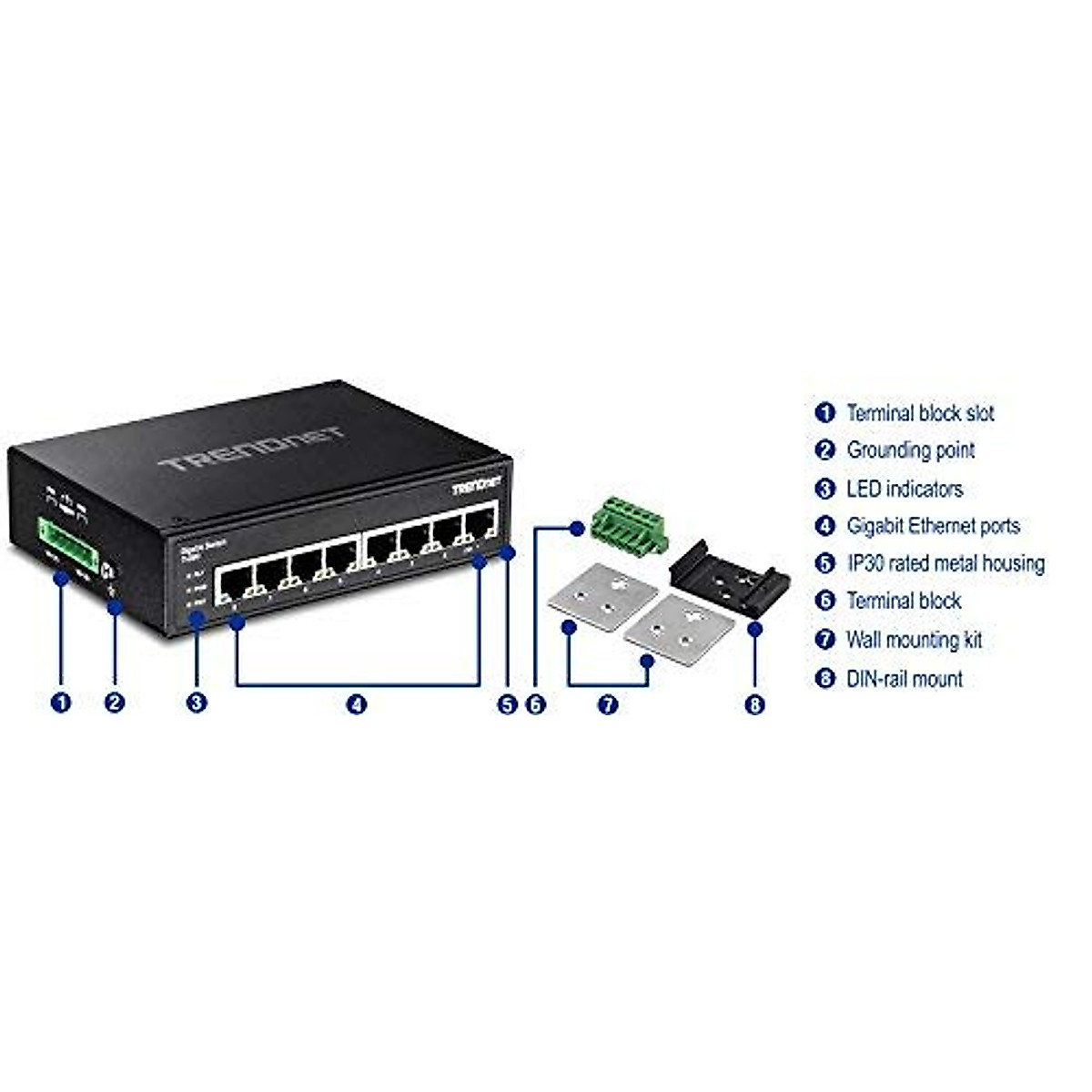 RENDnet 8-Port Hardened Industrial Gigabit DIN-Rail Switch, 16 Gbps Switching Capacity,IP30 Rated Metal Housing (-40 to 167 ºF),DIN-Rail & Wall Mounts Included, TI-G80 (Renewed)