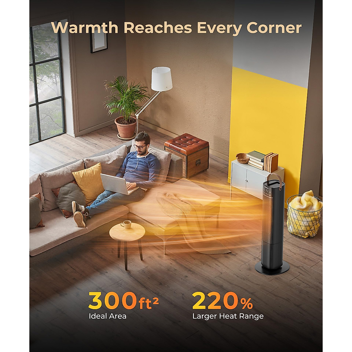 Space Heaters Indoor Use, 26" 12ft/s Electric Heater with Remote, 1500W Electric Heaters with 75°Oscillation, 1-12H Timer, PTC Electric Heater for Large Room, Bedroom Home Office, 2024 Upgraded