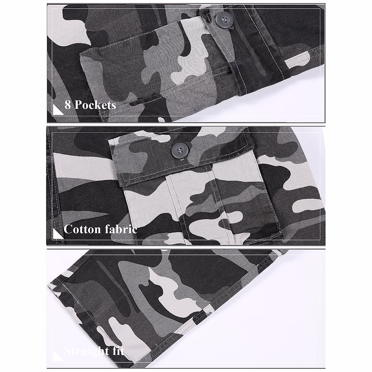 BOJIN Men's Cargo Pants Casual Military Army Camo Relaxed Fit Cotton Combat Camouflage Cargo Work Pants with 8 Pockets(CK026)- Camo Grey 38